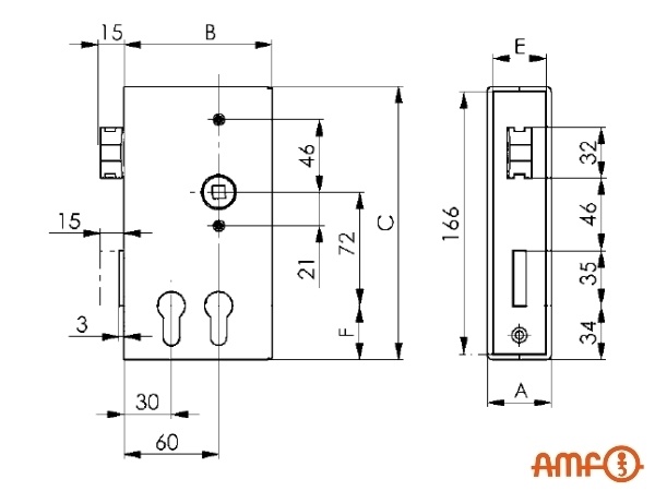 Schlosskasten AMF 140D für zwei Profilzylinder | A = 30 mm breit | AMF ...